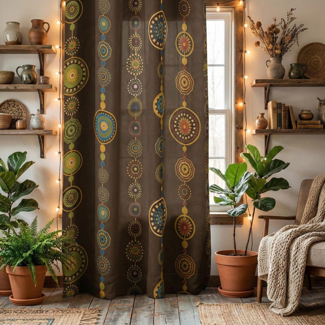 Tribal Geometric Medallion Print Curtain: Brown and Green Boho Ethnic ...