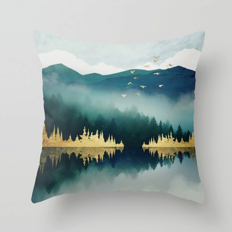 Mountain Pillow Cover, Abstract Landscape Pillow Case, Moon and Lake ...