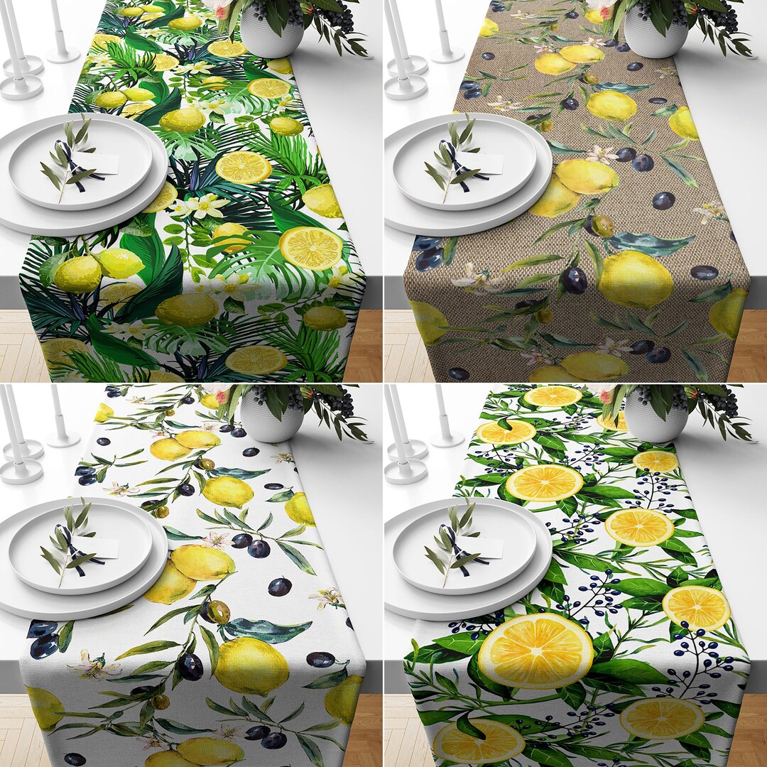 Lemon Table Runner, Floral Lemons Olive Branch Design Table Decor ...