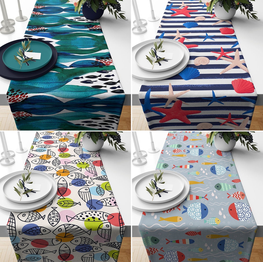Blue Table Runner, Marine Fish Kitchen Decor, Nautical Tablecloth, Aqua ...