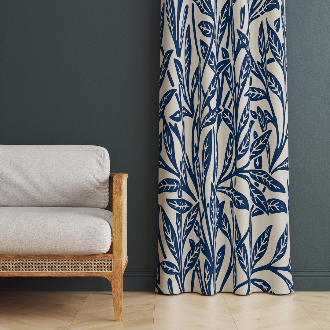 Blue & White Floral Curtain, Botanical Drapes, Indigo Leaf Pattern ...