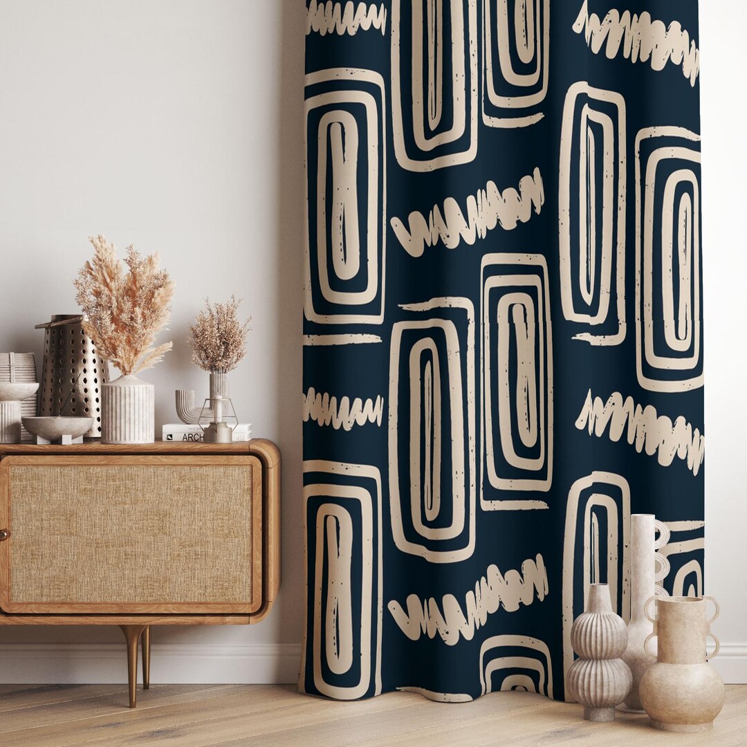 Navy Blue Abstract Geometric Curtains, Modern Minimalist Window Drapes ...