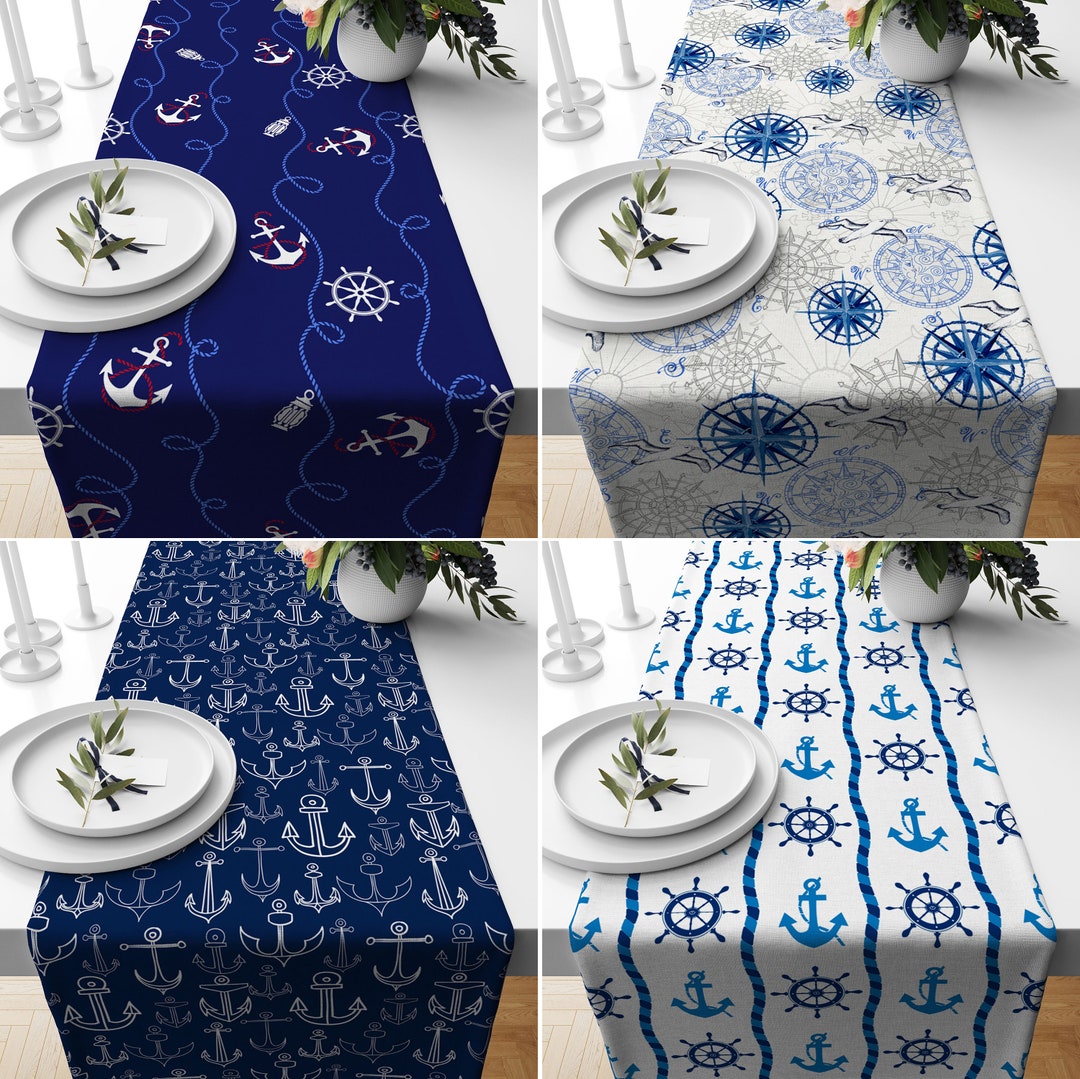 Navy Blue Nautical Table Runner, Anchor Kitchen Runner, Dark Blue ...