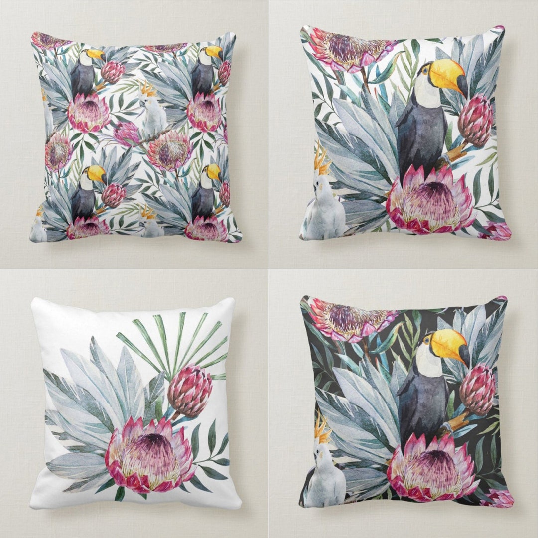 Floral Parrot Pillow Case, Gray and Red Protea Pillow Cover, Flower ...