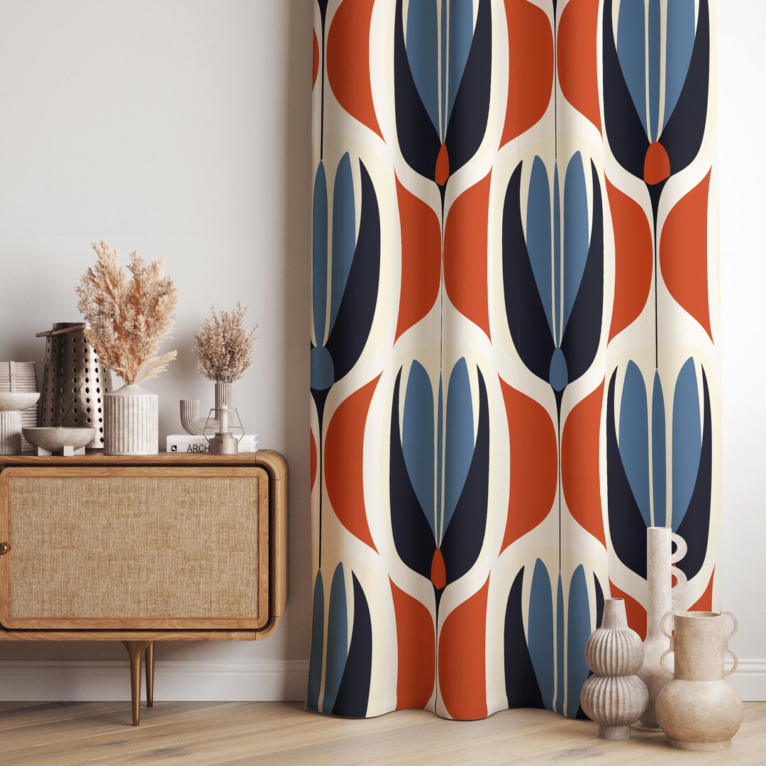 Retro Tulip Curtain Panels, Mid-century Modern Window Drapes, Orange ...