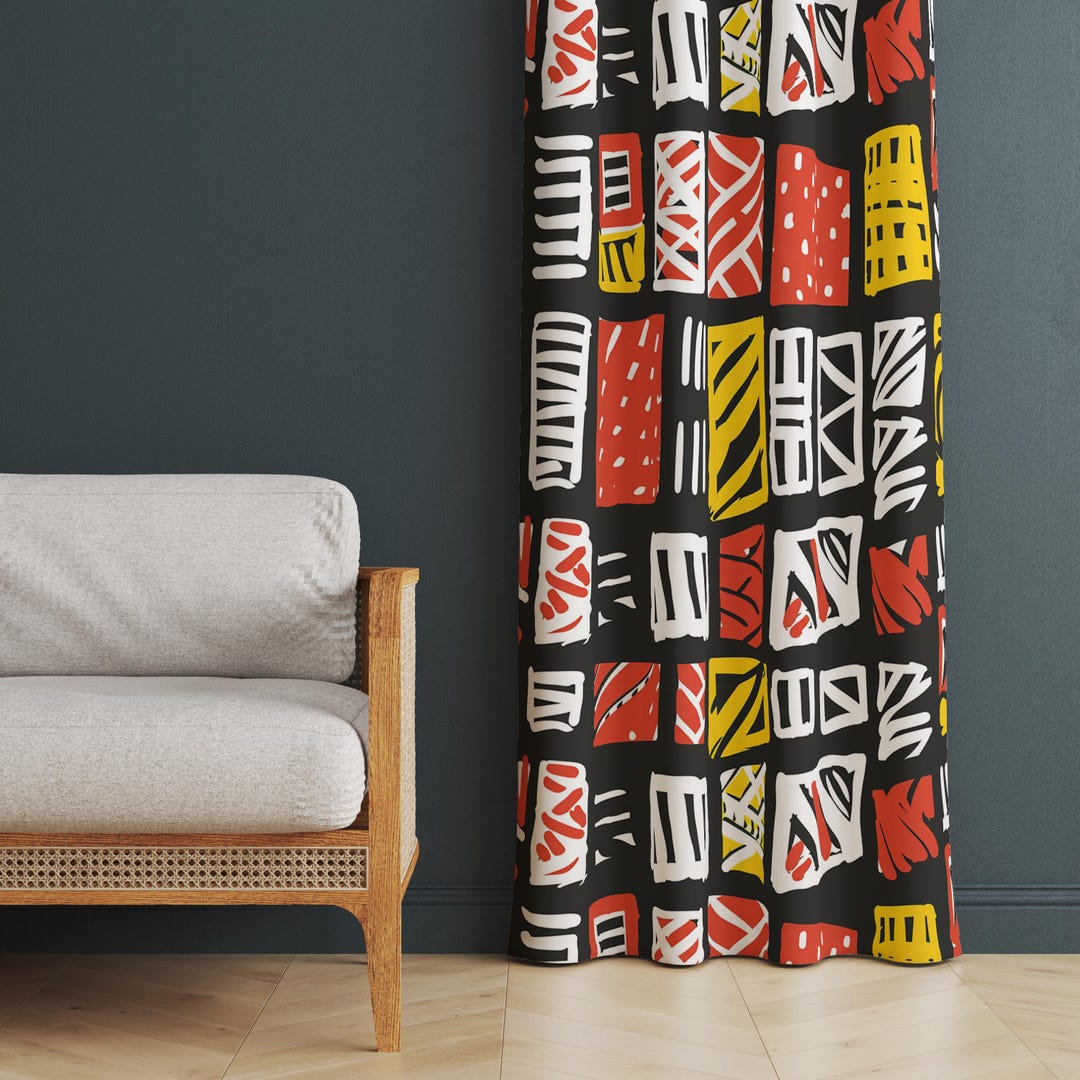 African Print Curtain Panel, Bold Geometric Window Drapes, Modern ...