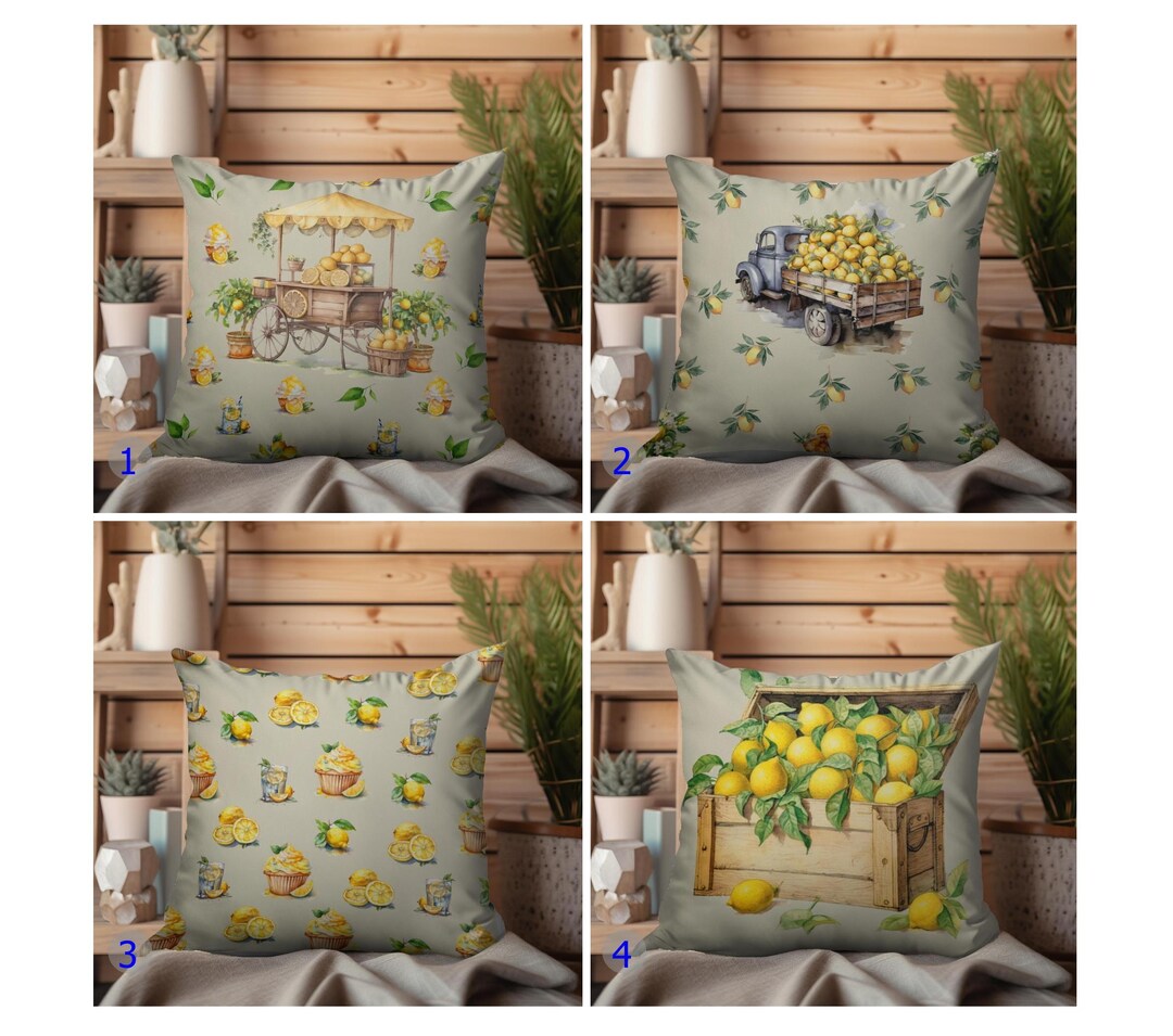 Lemon Truck Pillow Covers, Rustic Lemon Crate Cushion Covers, Yellow ...