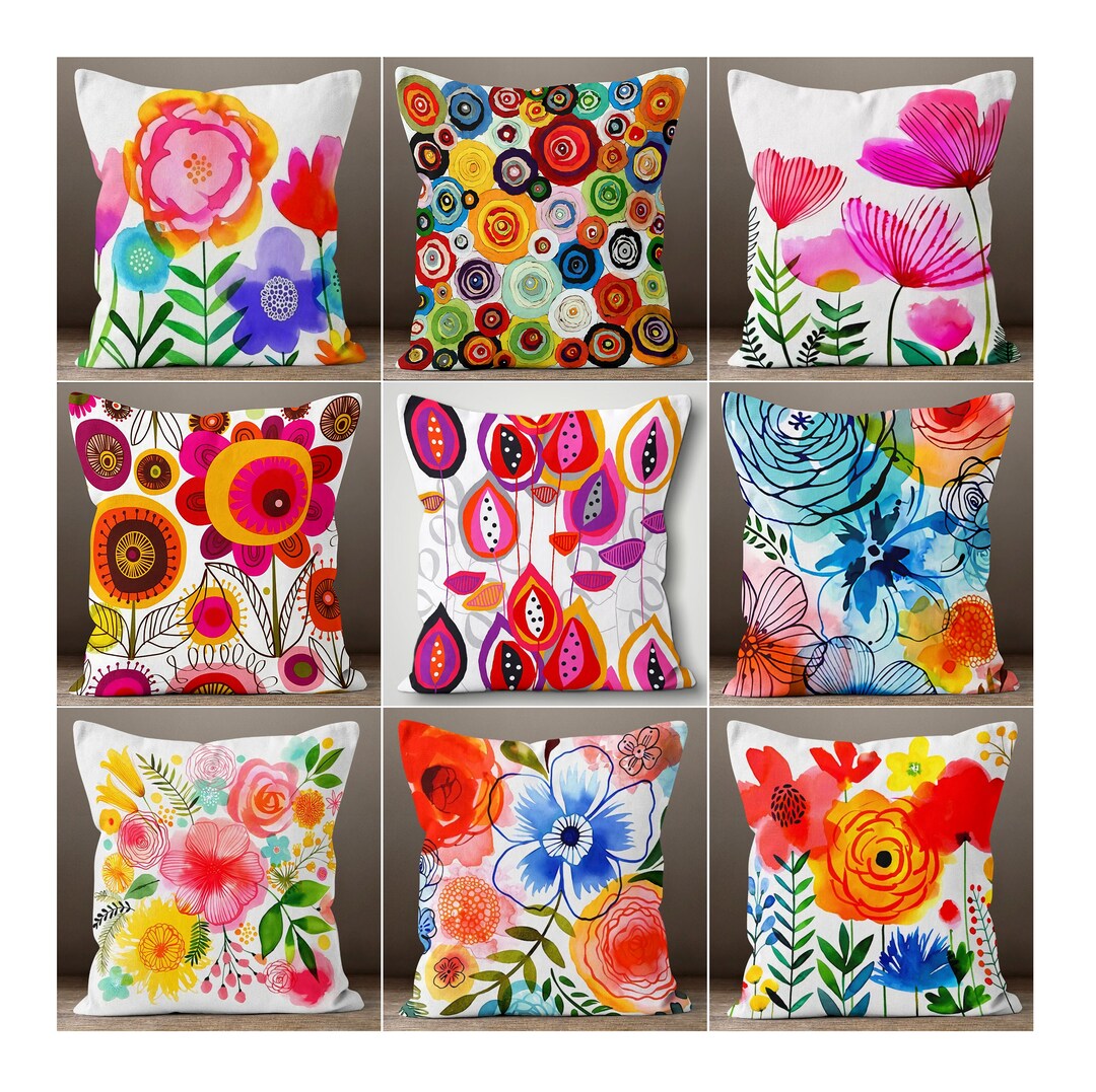 Vibrant Bright Colorful Pillow Case, Decorative Red Floralthrow Pillow ...