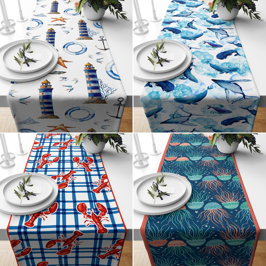 Lighthouse Table Runner, Anchor Kitchen Runner, Dark Blue Tablecloth ...