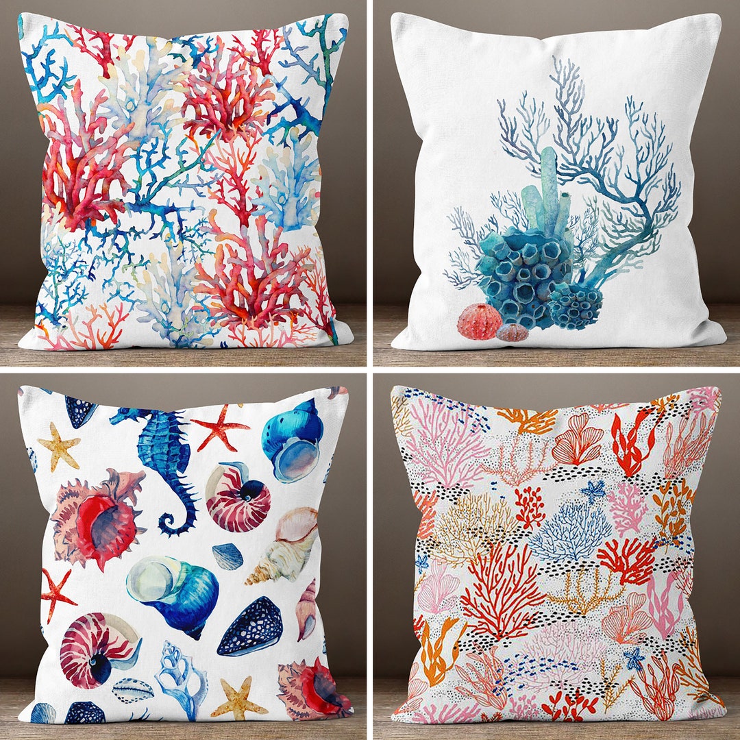 Nautical Beach House Pillow Cover, Starfish Pillowcase, Coral Colorful ...