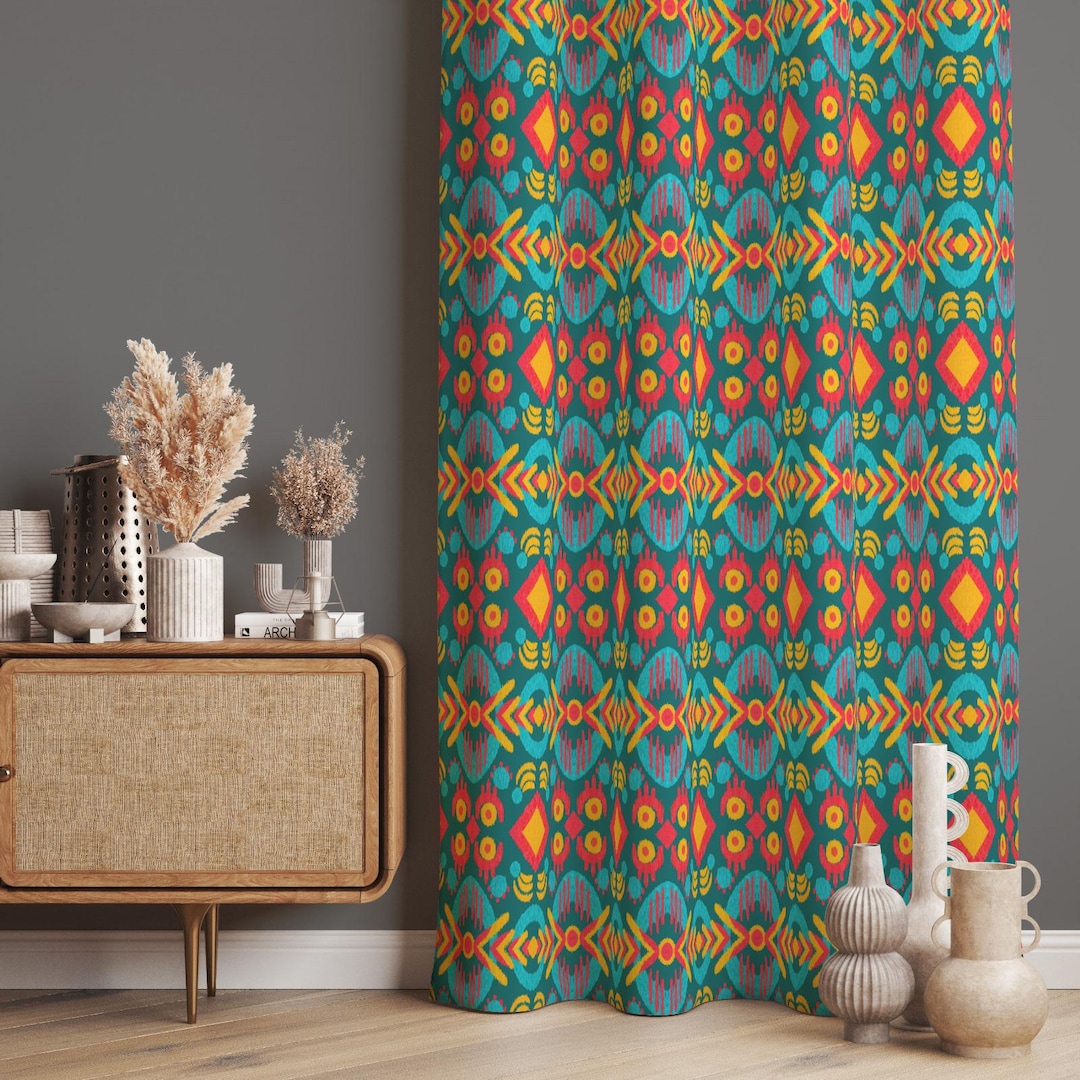 Vibrant Ikat Pattern Curtain Panels, Colorful Geometric Drapes, Ethnic ...