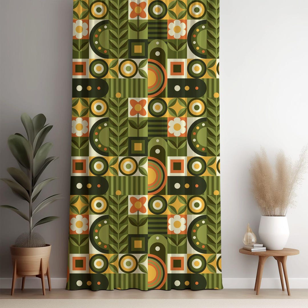 Retro Geometric Curtain Panel, Mid-century Modern Drapes, Abstract ...