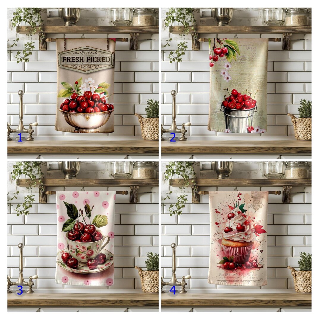 Cherry Kitchen Towel, "fresh Picked" Rustic Tea Towel, Cupcake Cherries ...