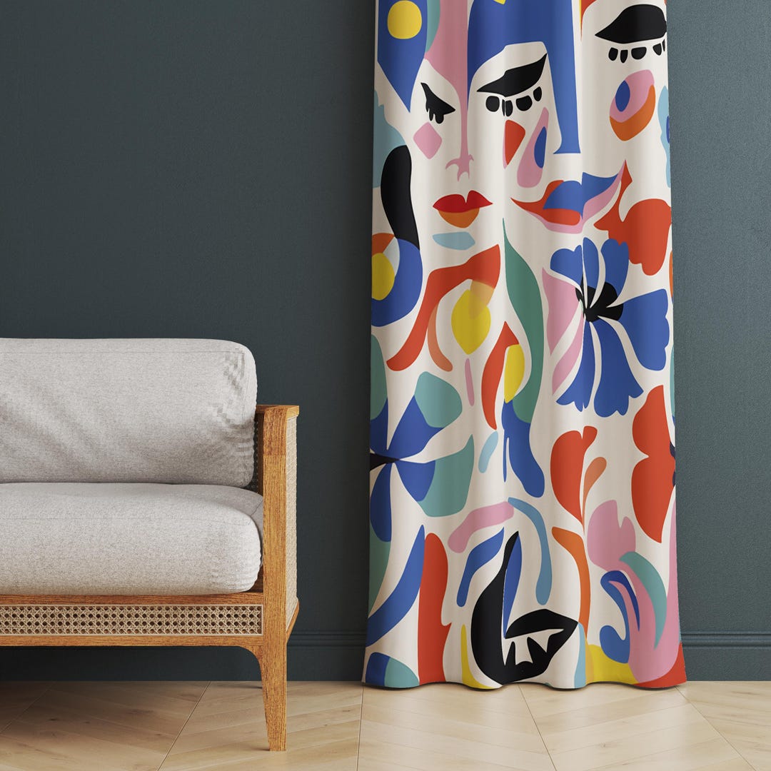 Matisse Inspired Abstract Art Curtain, Colorful Modern Face & Floral ...