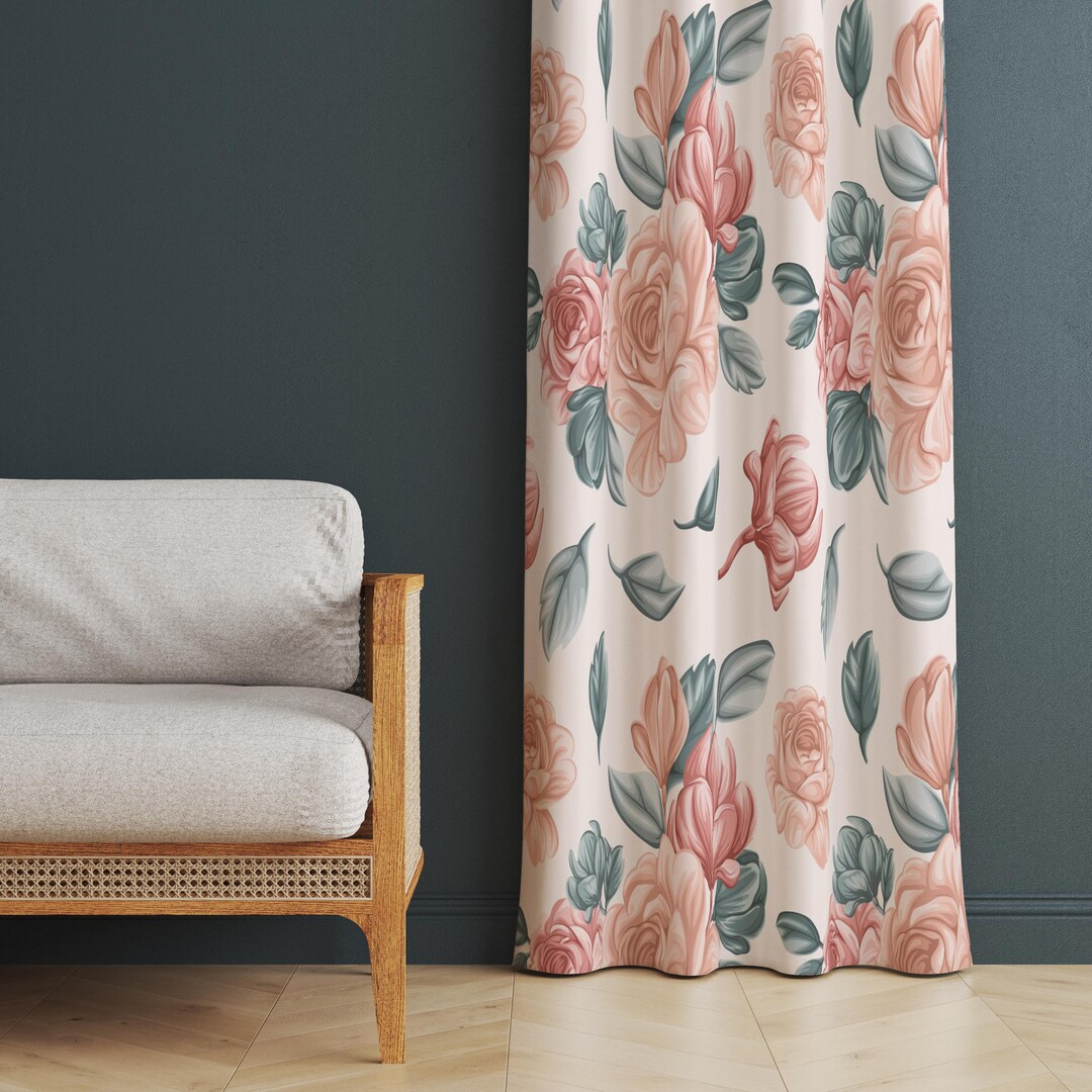 Rose Floral Curtain, Pink Rose Floral Drapery, Blush Pink Flowers ...