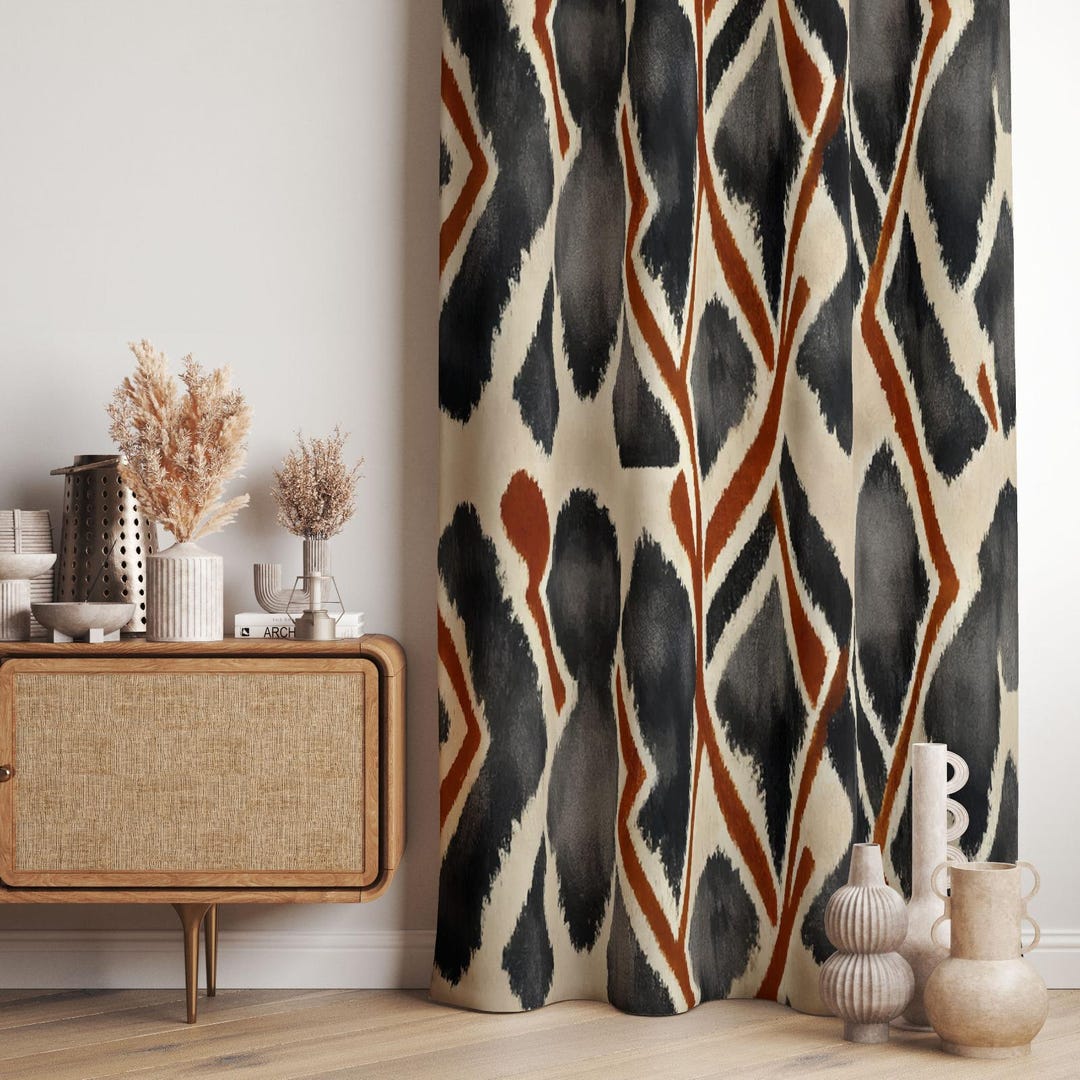 Abstract Geometric Burnt Orange Curtains, Modern Tribal Pattern Drapes ...