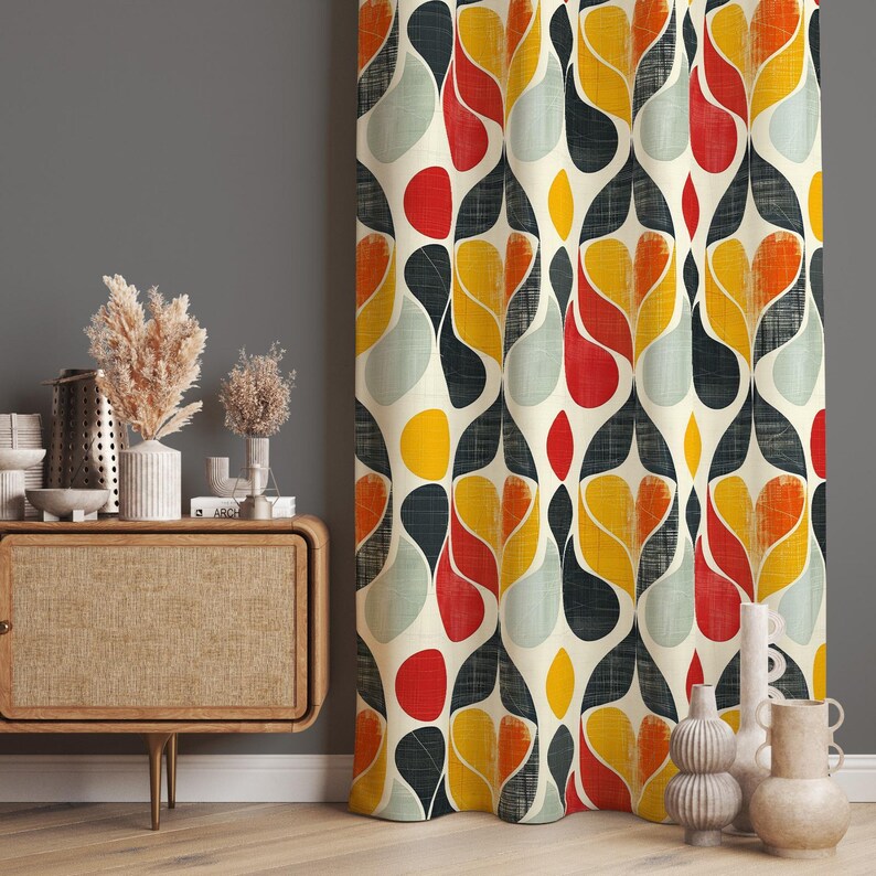 Retro Geometric Curtain Panel, Mid-century Modern Abstract Curtain ...