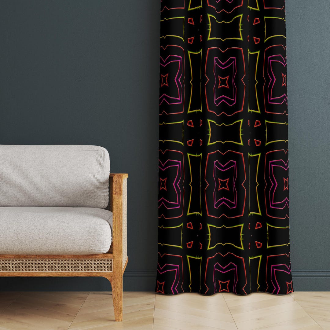 Neon Art Deco Geometric Curtain Panel, Blacklight Reactive Modern ...