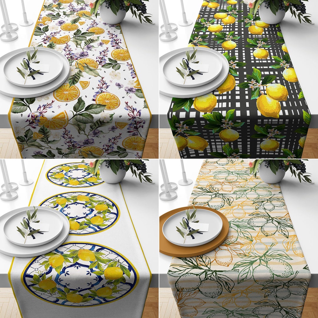 Lemon Table Runner, Floral Lemons Geometric Design Table Decor, Summer ...