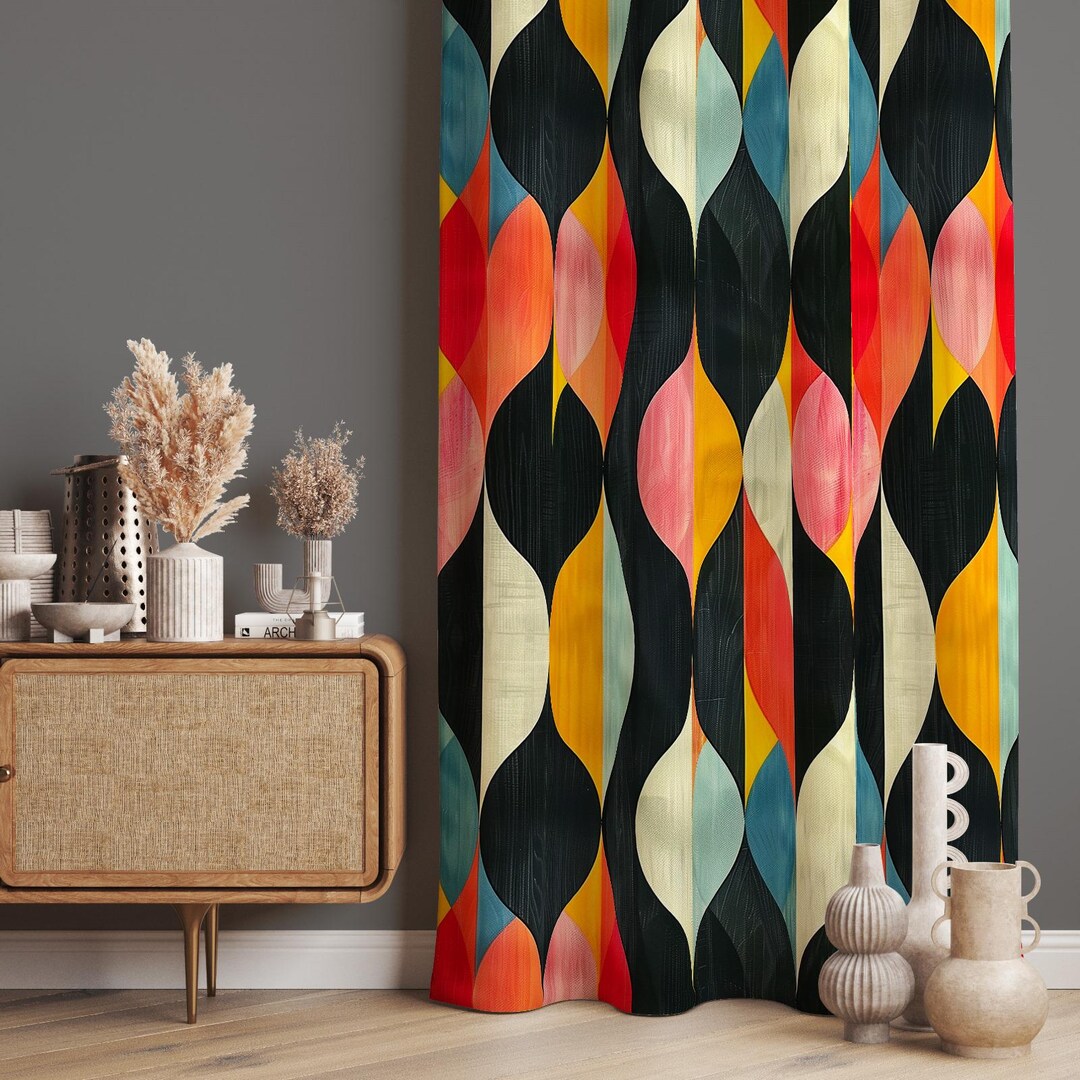 Mid-century Modern Curtain Panels, Colorful Organic Shapes Drapes ...