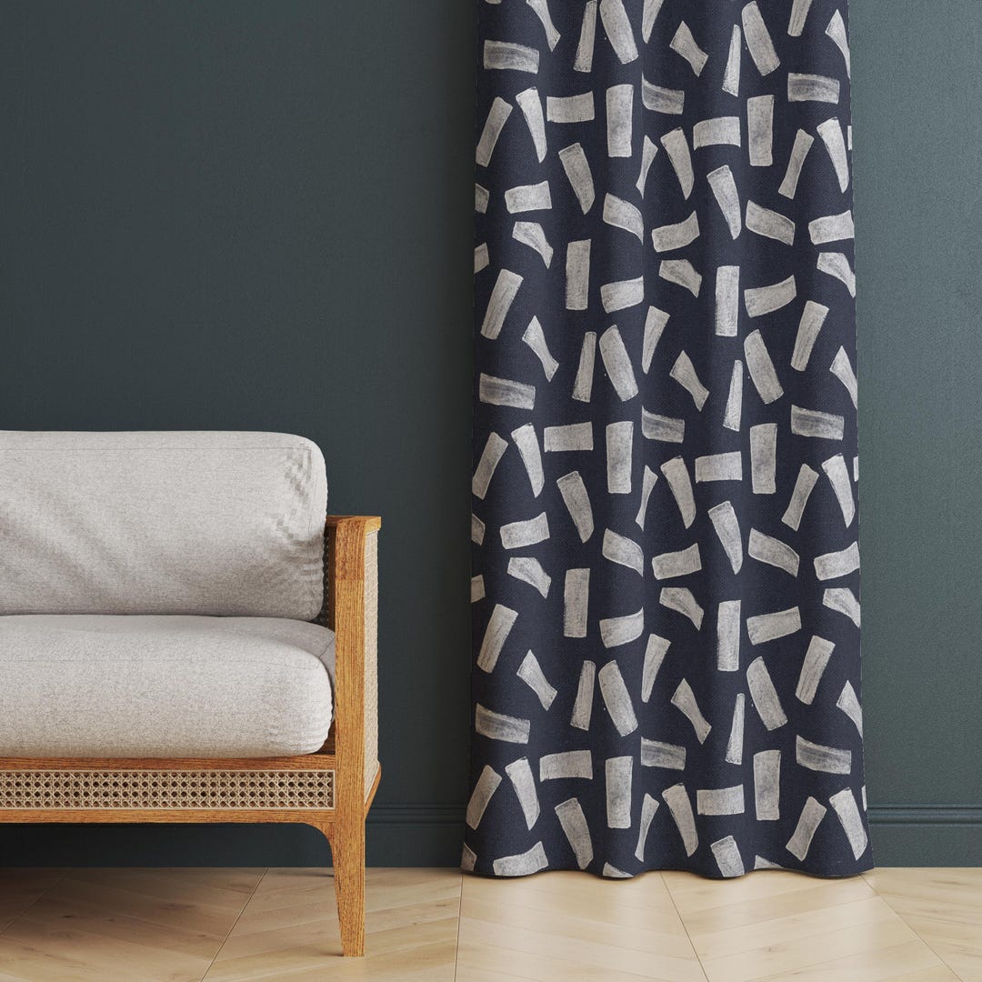 Modern Abstract Curtain Panel, Geometric Drapes, Navy & Gray Rectangle ...