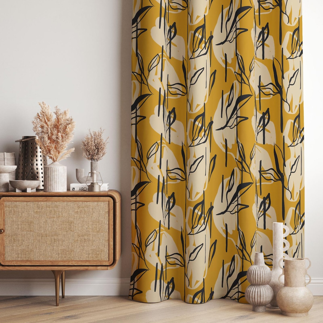 Mustard Yellow Botanical Pattern Curtains, Abstract Leaf Print Window ...