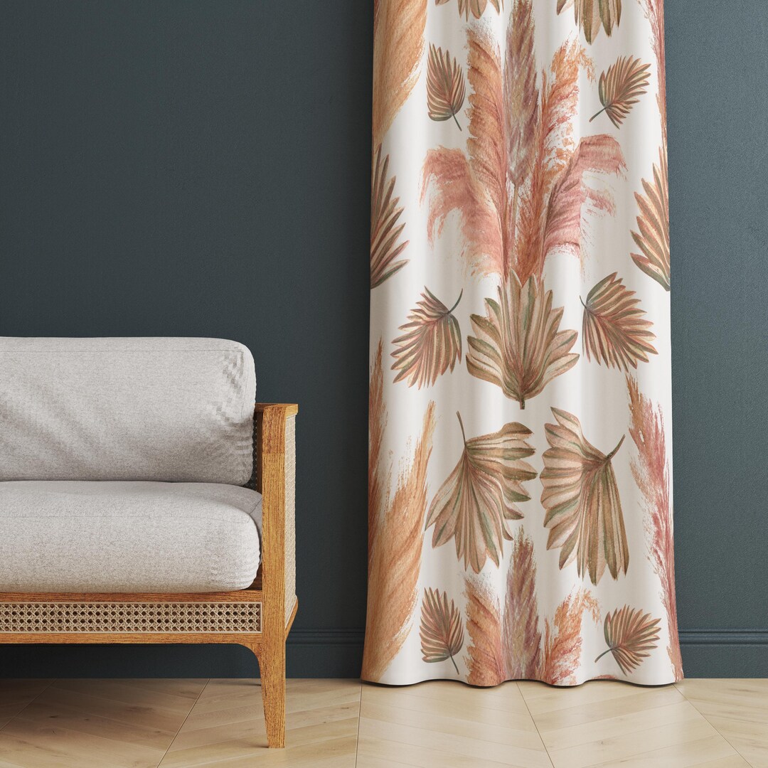 Boho Pampas Grass Curtain Panel, Watercolor Botanical Window Drapes ...