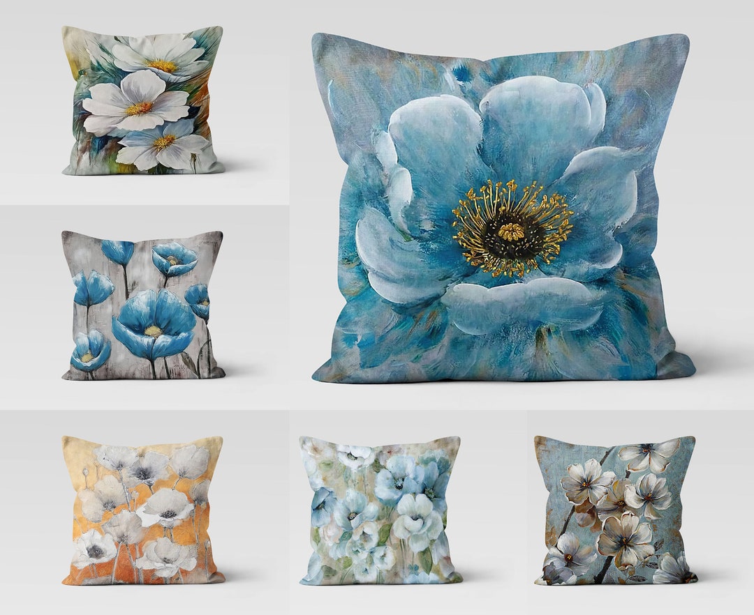 Pale Blue Floral Couch Decor Cover, Chic Blue Flower Pillow Cases ...