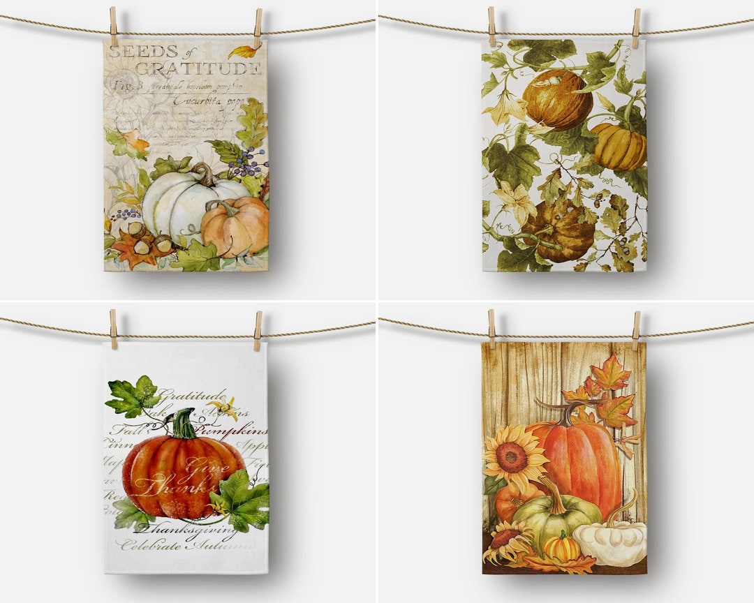 Set of 2, Pumpkin Kitchen Towel, Kitchen Textile, Orange & Green Hand ...
