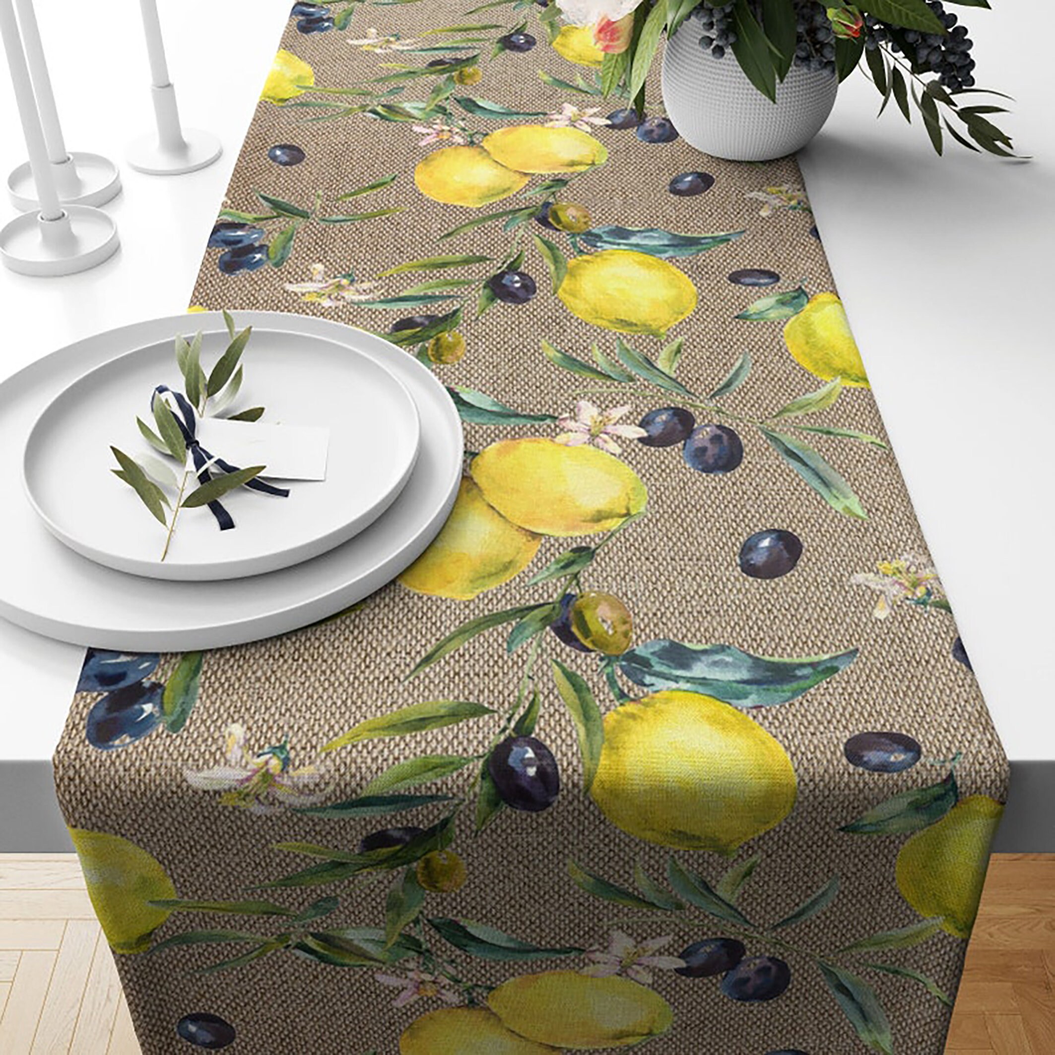Lemon Table Runner, Floral Lemons Olive Branch Design Table Decor ...