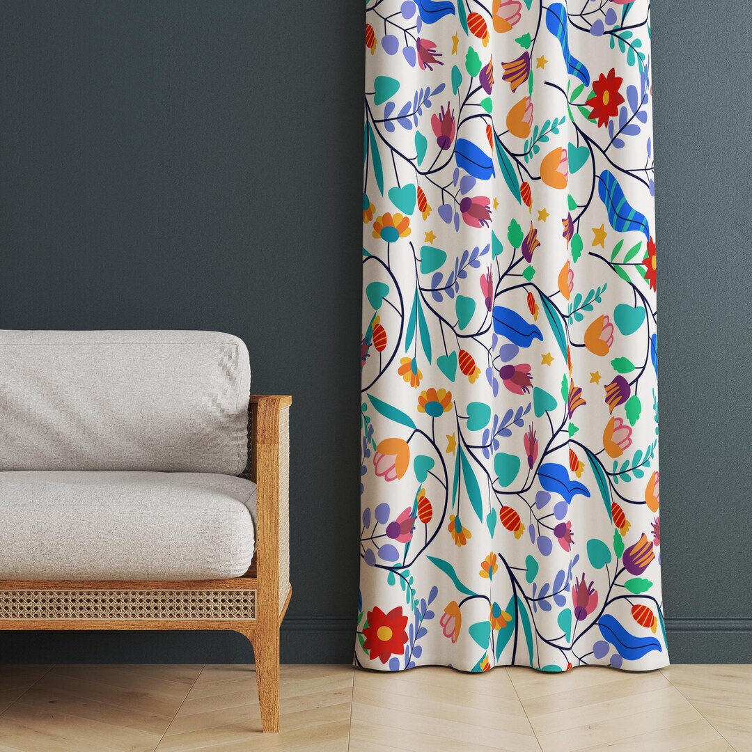 Colorful Floral Curtain, Whimsical Flowers Curtain Panels, Bright ...