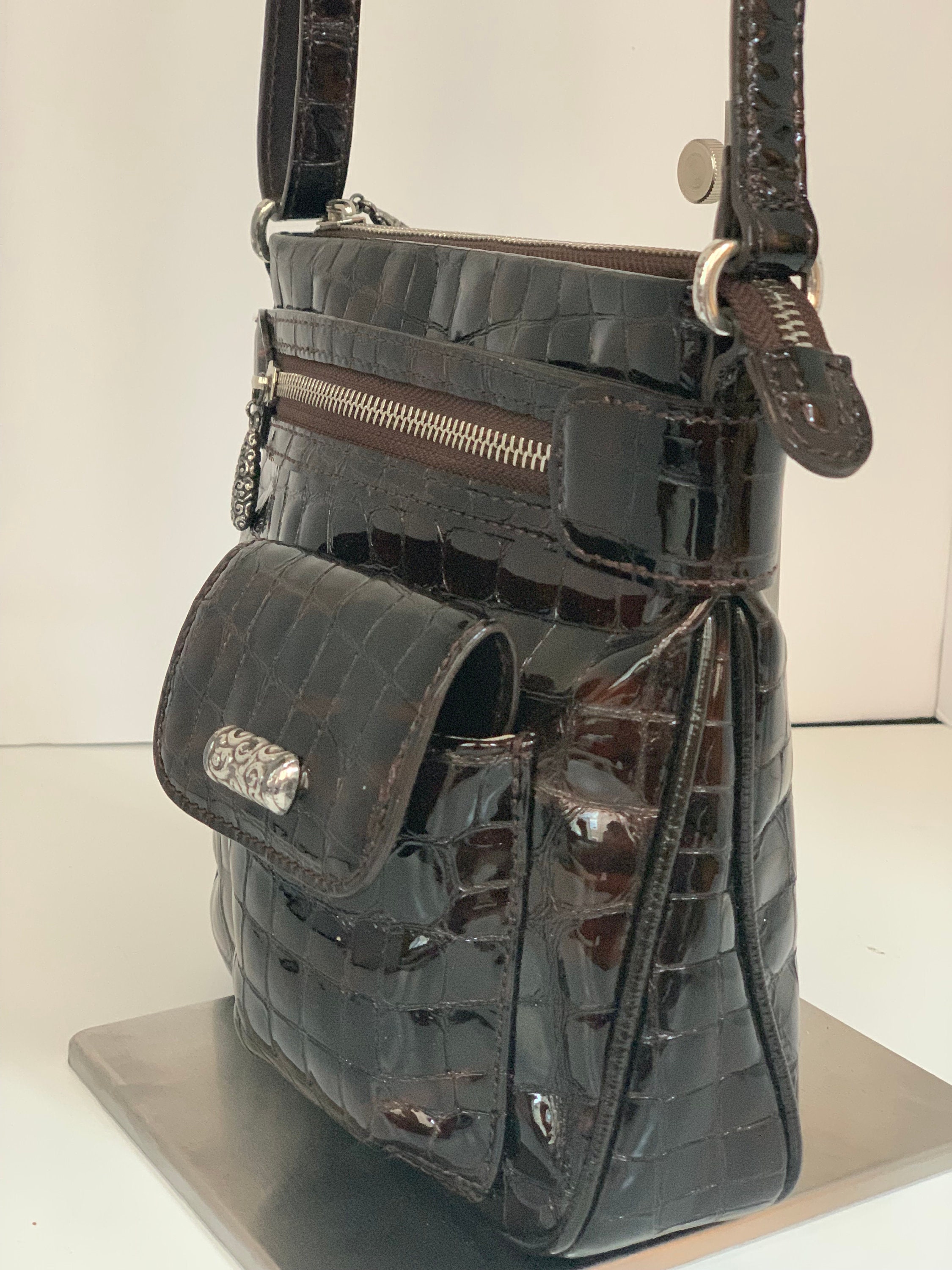 BRIGHTON Croco Embossed Brown Patent Leather Organizer Cross-body Purse ...