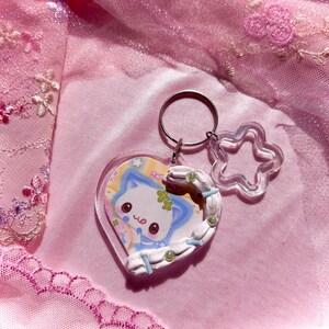 Cute Pink Bunny and Blue Kitty Clear Heart Keychain / Charm ...