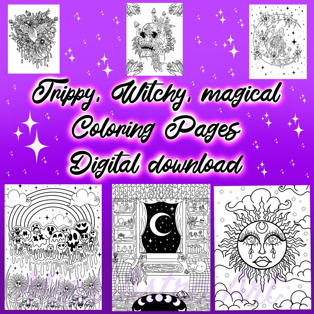 Trippy Witchy Coloring Pages, Magical Coloring Pages, Digital Download ...