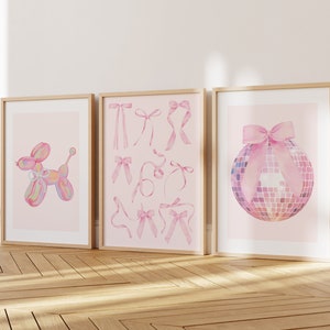 Set of 3 Coquette Pink Bows Disco Ball Trendy Printable Gallery Wall ...