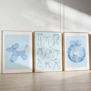 Set of 3 Coquette Blue Bows Disco Ball Trendy Printable Gallery Wall ...