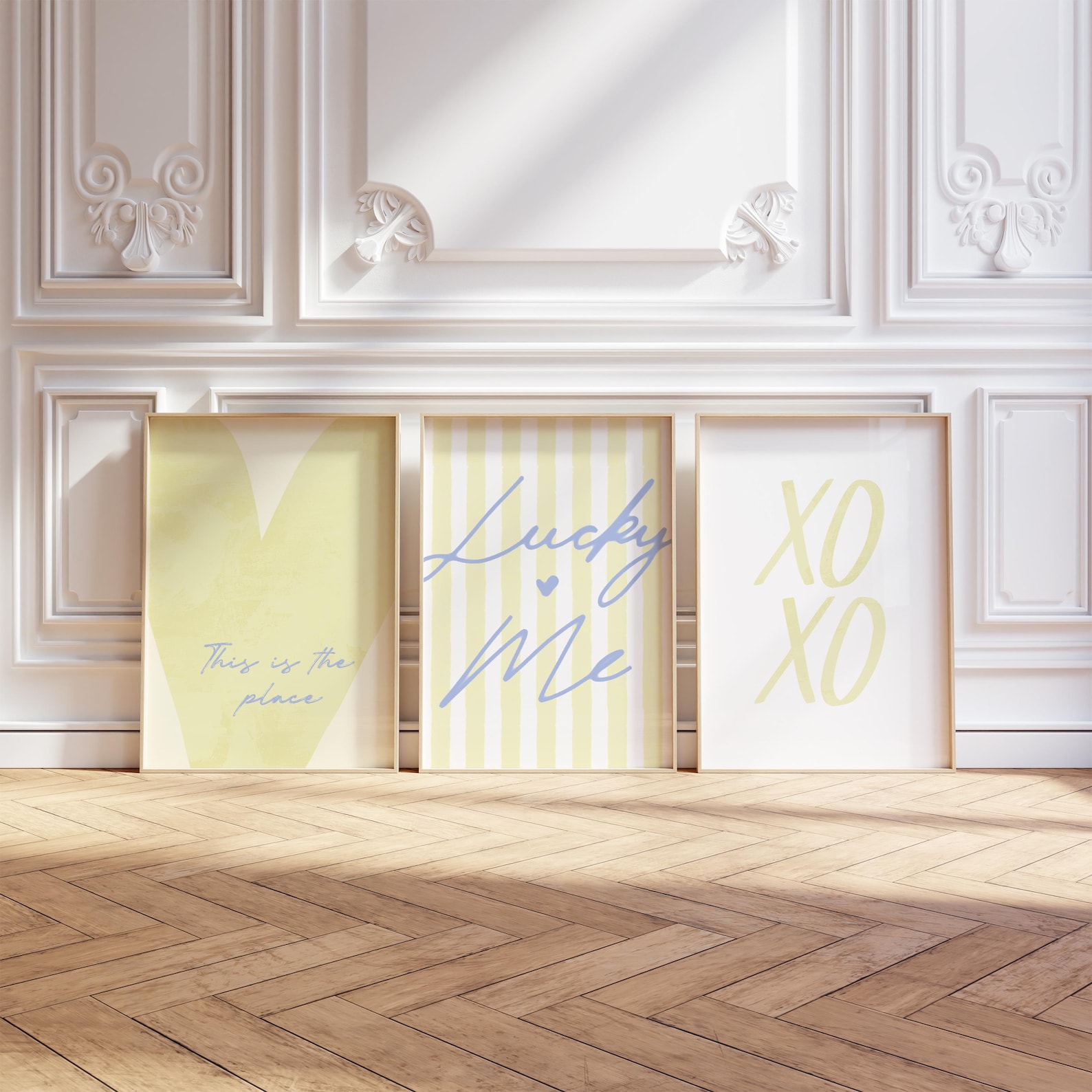 Butter Yellow Lucky Me Pin Stripe Set of 3 Wall Art - Lucky You Quote ...