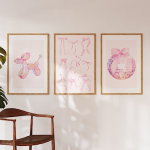 Set of 3 Coquette Pink Bows Disco Ball Trendy Printable Gallery Wall ...