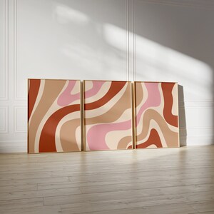 Set of 3 Beige Groovy Retro 70's Wavy Swirl Dorm Aesthetic Wall Art ...
