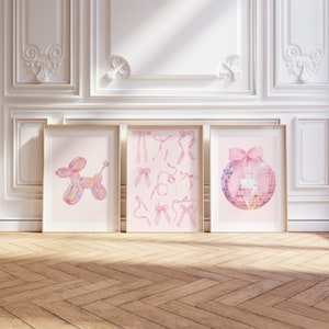 Set of 3 Coquette Pink Bows Disco Ball Trendy Printable Gallery Wall ...