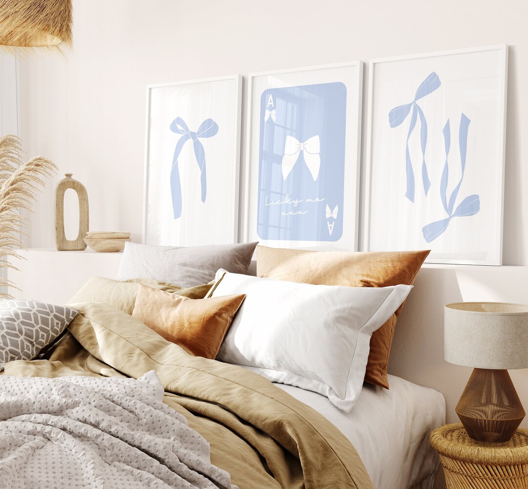Set of 3 Coquette Cute Blue Bows Dorm Trendy Apartment Wall Art Prints ...
