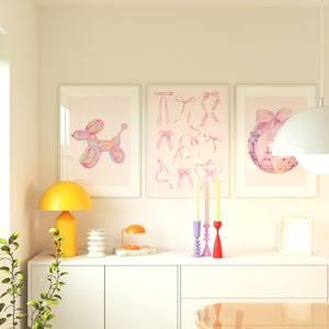 Set of 3 Coquette Pink Bows Disco Ball Trendy Printable Gallery Wall ...