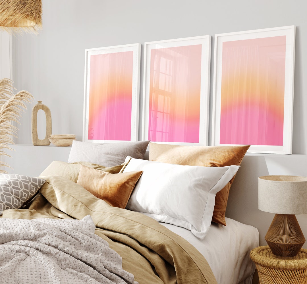 Pink Orange Gradient Soft Set of 3 Trendy Unique Poster Wall Art Set ...