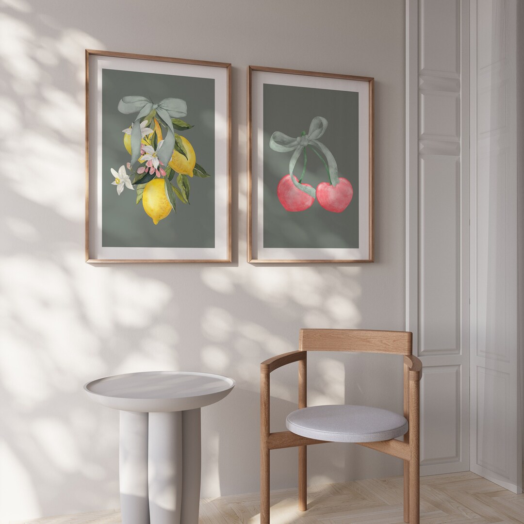 Set of 2 Dark Green Coquette Kitchen Wall Art Set, Watercolour Lemon ...