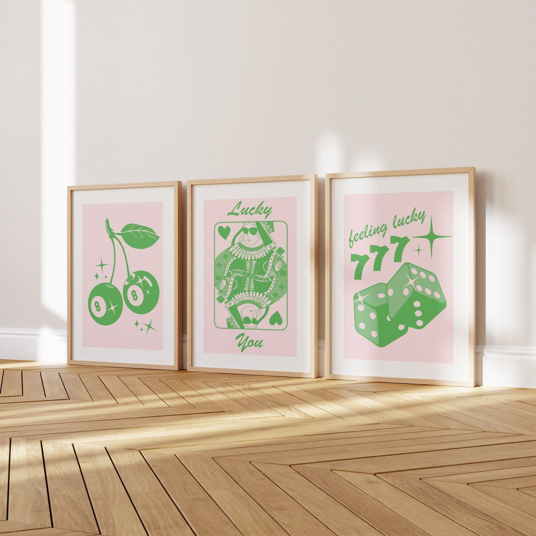 Set of 3 Trendy Retro Pink Aesthetic Ace Card Cherry Lucky You Digital ...