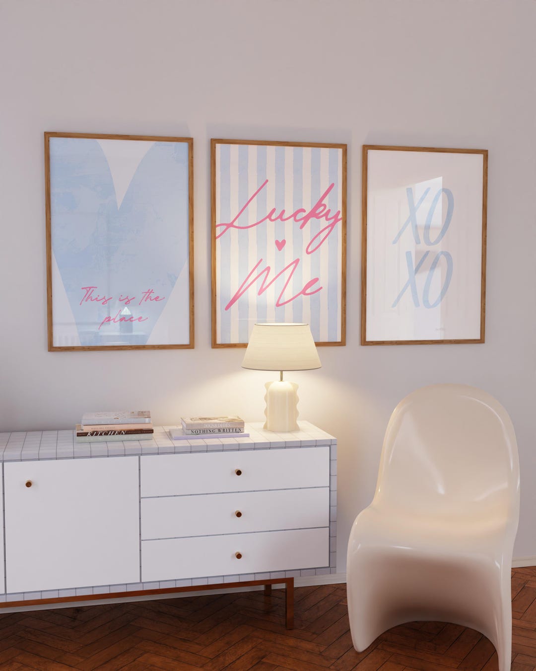 Lucky Me Light Blue Pink Set of 3 Prints Dorm Aesthetic Preppy Wall Art ...