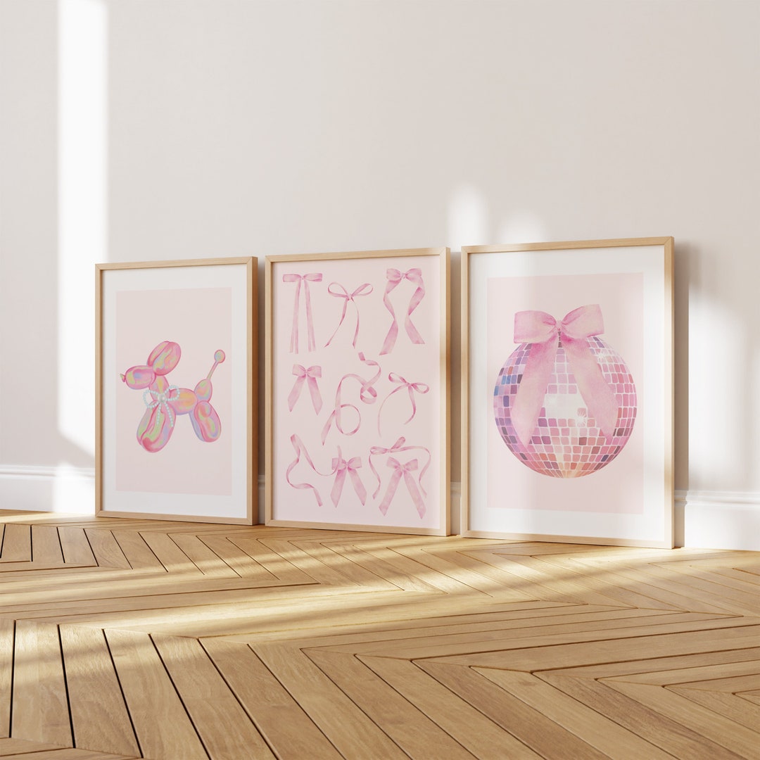 Set of 3 Coquette Pink Bows Disco Ball Trendy Printable Gallery Wall ...