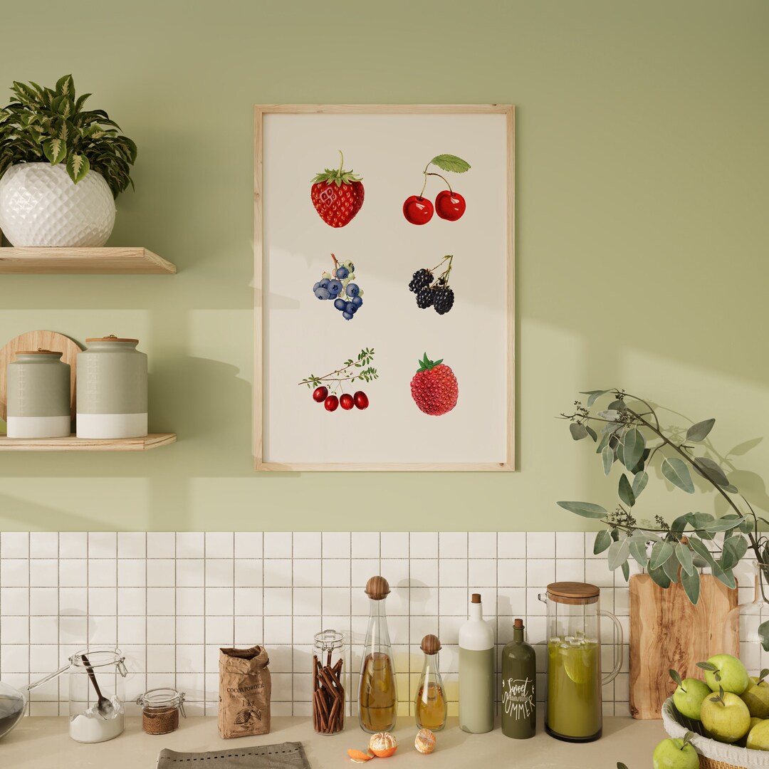 Berries Vintage Retro Funky Aesthetic Kitchen Decor Print, Strawberry ...