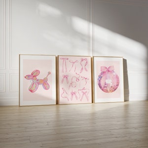 Set of 3 Coquette Pink Bows Disco Ball Trendy Printable Gallery Wall ...