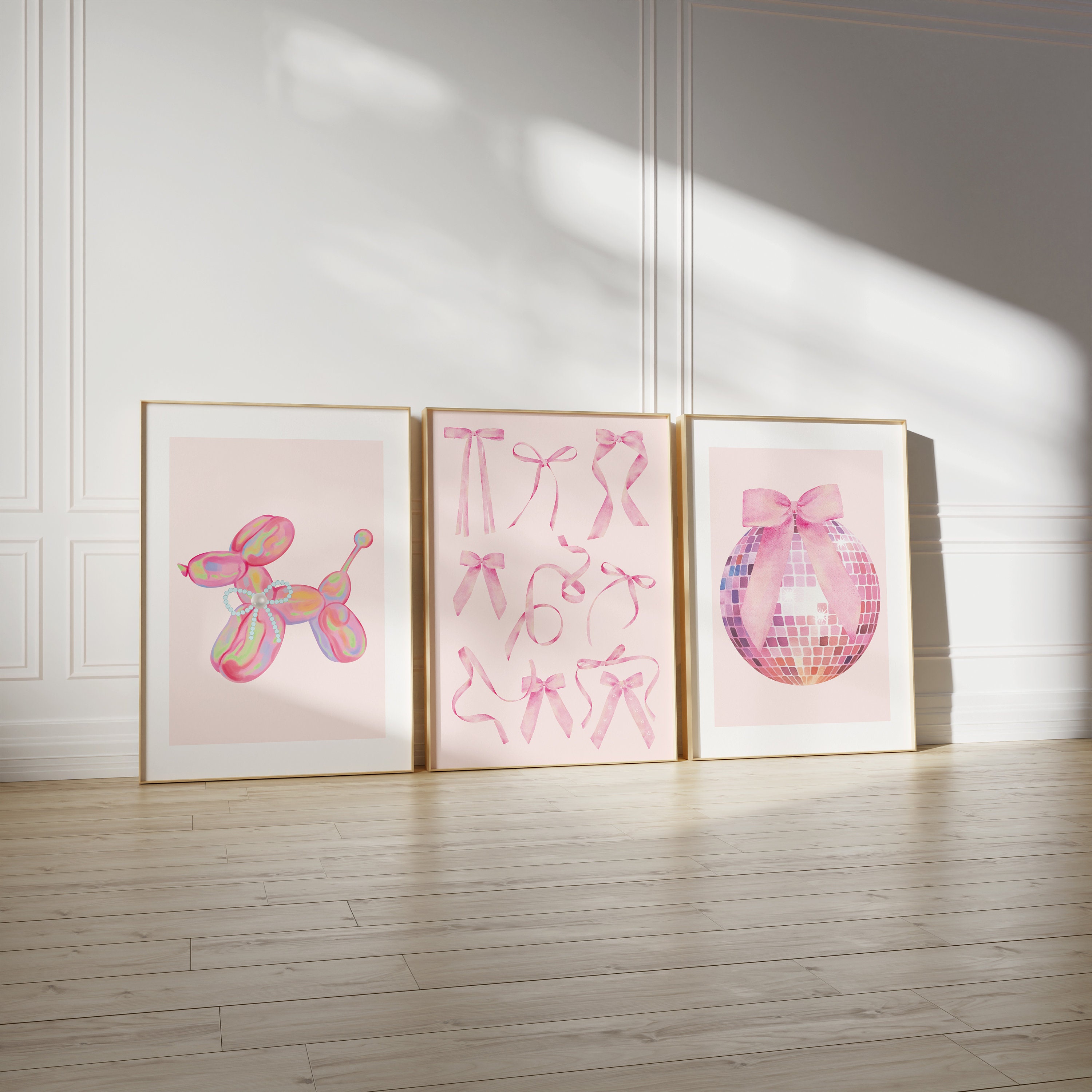 Set of 3 Coquette Pink Bows Disco Ball Trendy Printable Gallery Wall ...